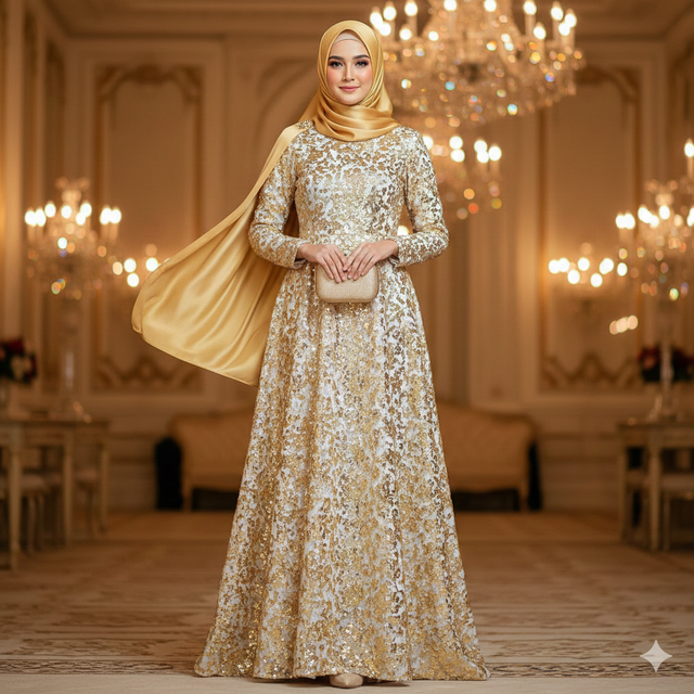 7 Model Gamis Cloud Dancer Kombinasi Gold untuk Kondangan Glamor ...