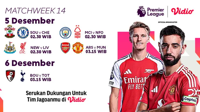 Jadwal dan Siaran Langsung Liga Inggris 2024/2025 Matchweek 14 di Vidio - On Off Liputan6.com