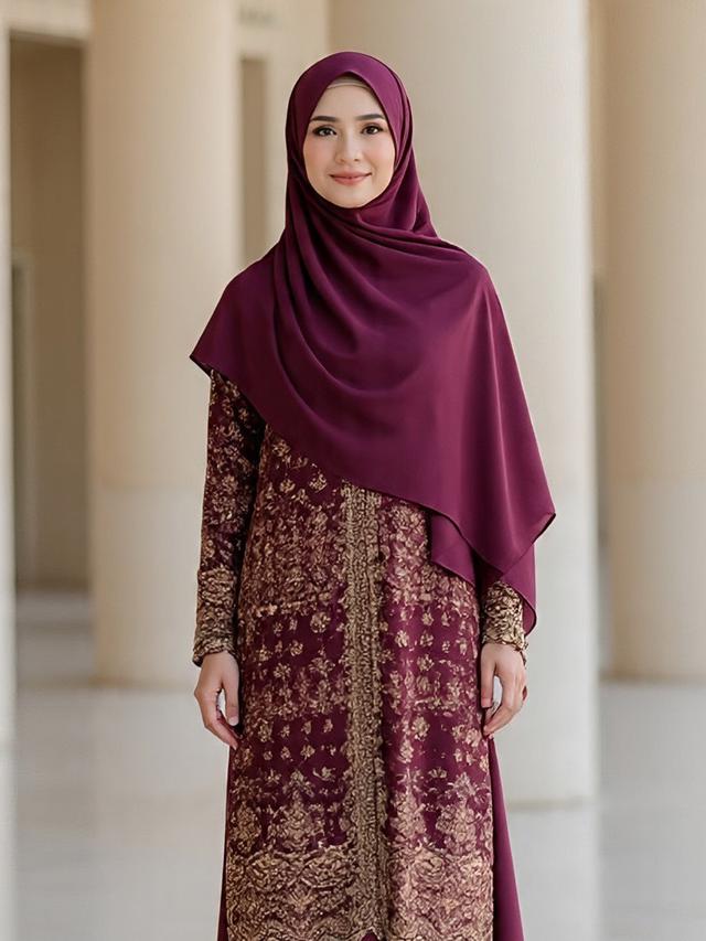 6 Inspirasi Dress Brokat Hijab Burgundy 2025, Tampilan Elegan dan Mewah ...