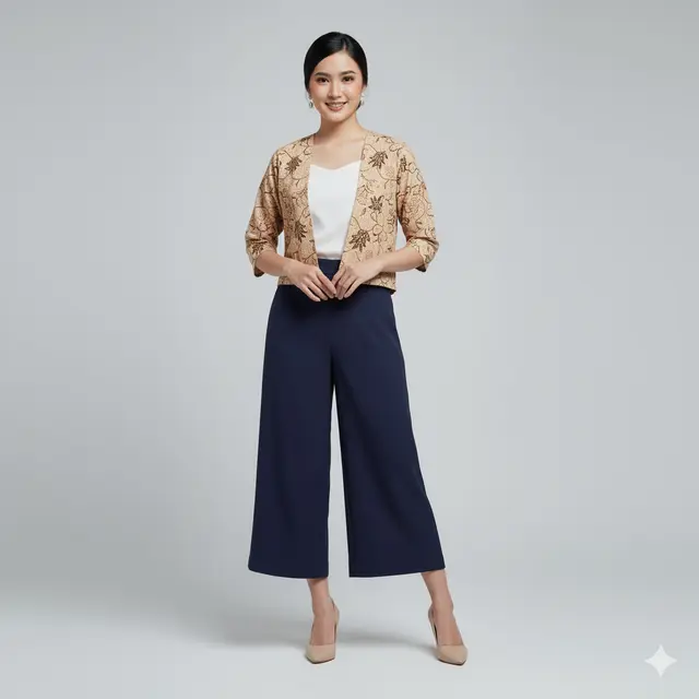 7 Inspirasi Setelan Batik Kerja Wanita dengan Outer Polos Model Crop ...