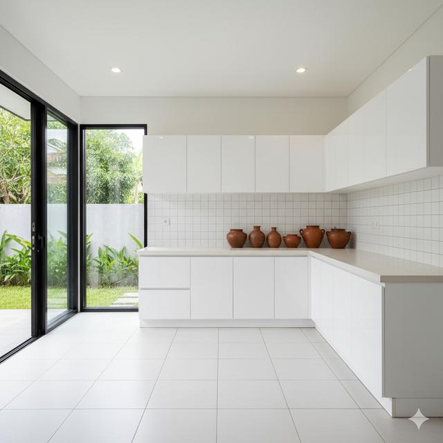 10 Dapur Minimalis Terbuka di Halaman Belakang dengan Keramik Polos ...