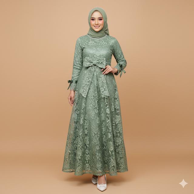 8 Model Gamis Warna Sage Green dengan Detail Brokat Floral untuk Akad ...