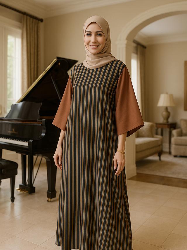 7 Model Gamis Lurik Kombinasi Polos di Lengan untuk Ibu-ibu 40 Tahun ...