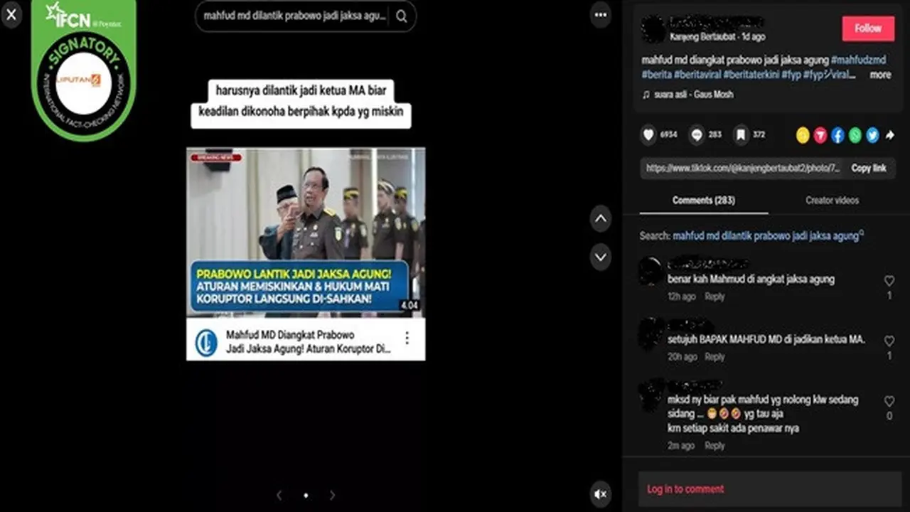 Cek Fakta: Hoaks Mahfud Md Diangkat Prabowo Jadi Jaksa Agung - Cek Fakta Liputan6.com