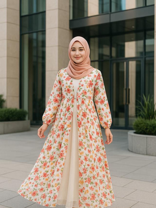 7 Model Gamis dengan Outer Motif Bunga