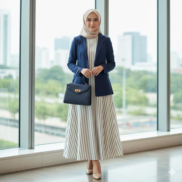 10 Model Gamis Linen Ringan dengan Layering Blazer, Tampil Profesional