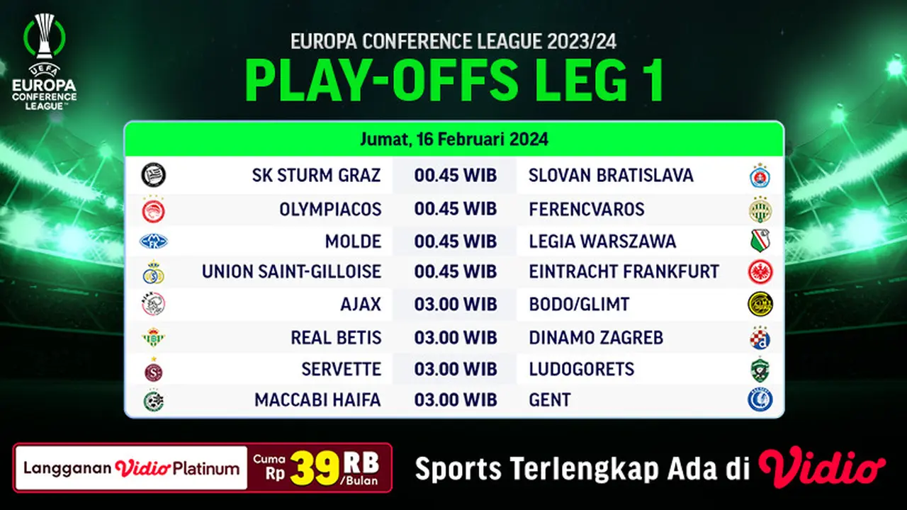 Jadwal Siaran Langsung UEFA Conference League 2023/2024 Playoff 16 Besar di Vidio - Ragam Bola.com