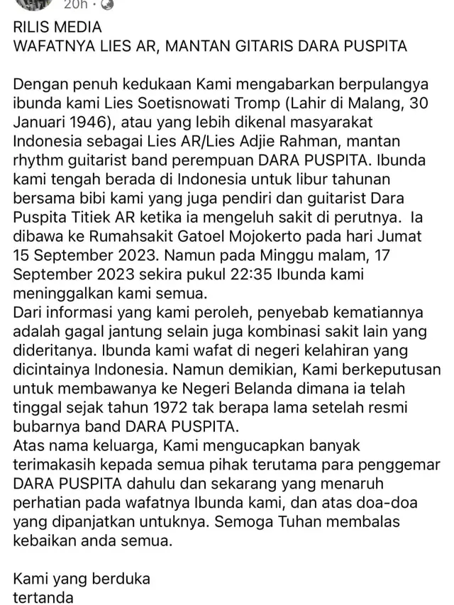 Lies AR Meninggal Dunia Akibat Gagal Jantung, Jenazah Mantan Gitaris Dara Puspita Dibawa ke ...