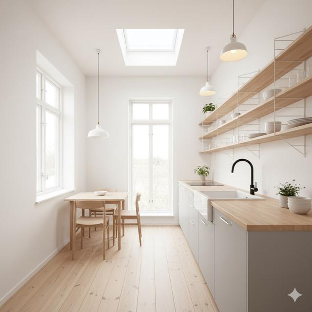 7 Inspirasi Dapur Kecil Modern dengan Rak Besi Terbuka dan Countertop Kayu