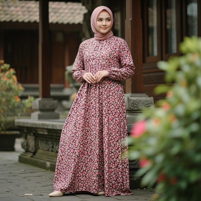 9 Model Gamis Motif Bunga Muslimah untuk Perayaan Maulid Nabi, Anggun ...