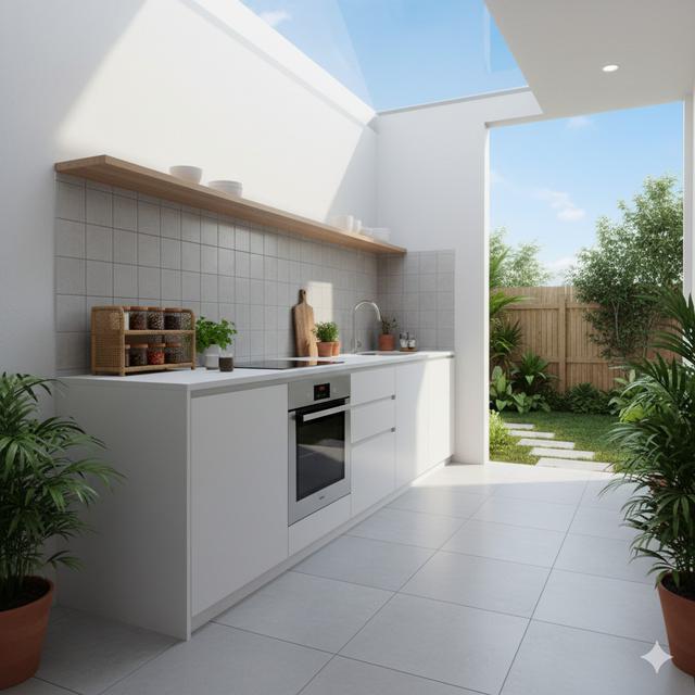 10 Dapur Minimalis Terbuka di Halaman Belakang dengan Keramik Polos ...