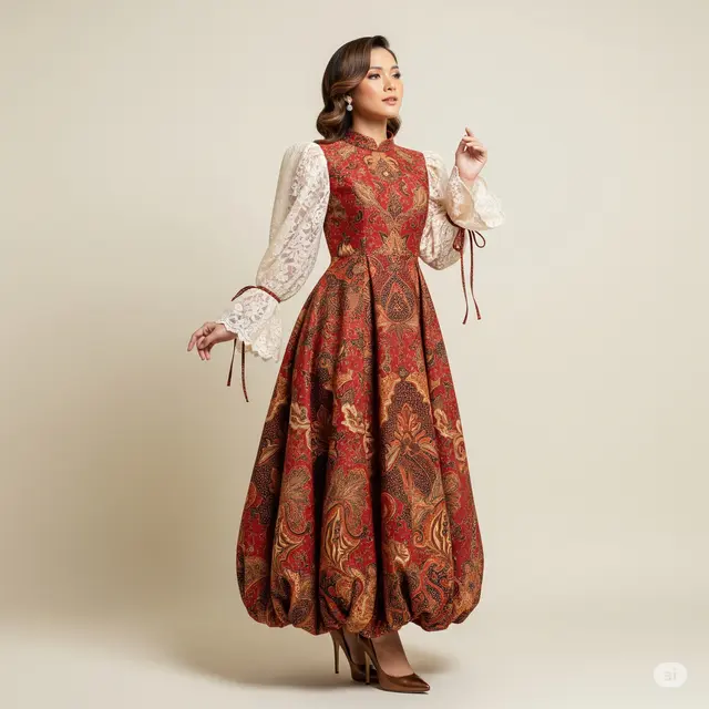 8 Model Batik Long Dress Kombinasi Brokat Lengan Puff untuk Tampilan ...