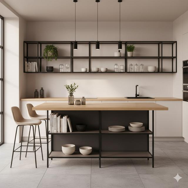 7 Inspirasi Dapur Kecil Modern dengan Rak Besi Terbuka dan Countertop Kayu