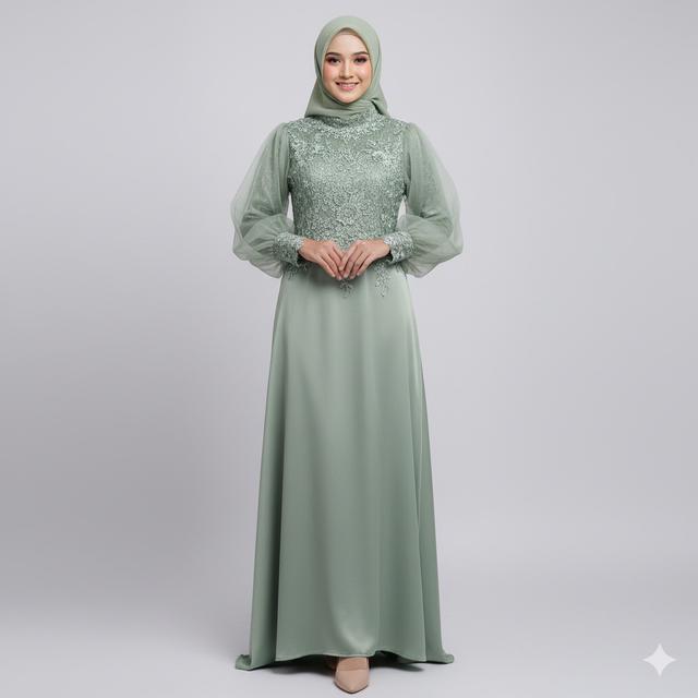 8 Model Gamis Warna Sage Green dengan Detail Brokat Floral untuk Akad ...