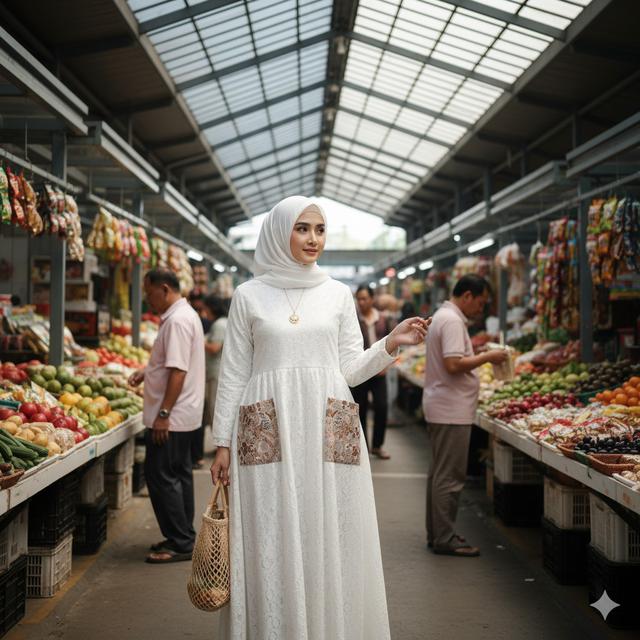 10 Model Gamis Putih Brokat dengan Aksen Batik Coklat Earthy Tone ...