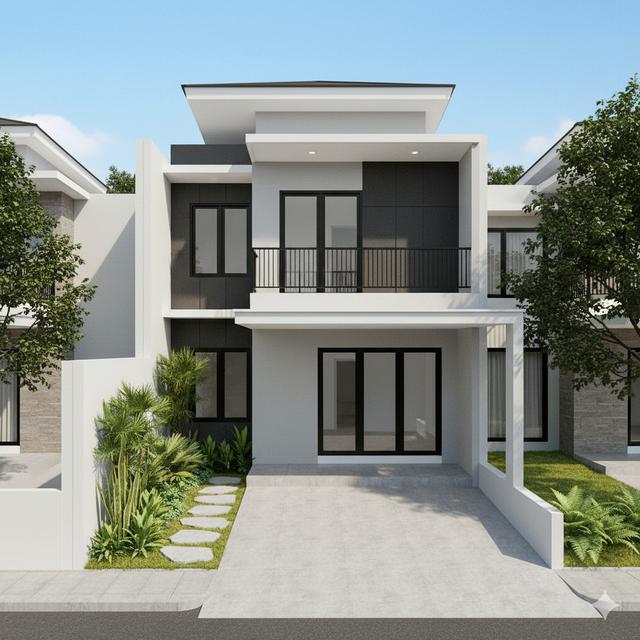 7 Denah Rumah 2 Lantai Dengan Carport dan Taman, Desain Modern