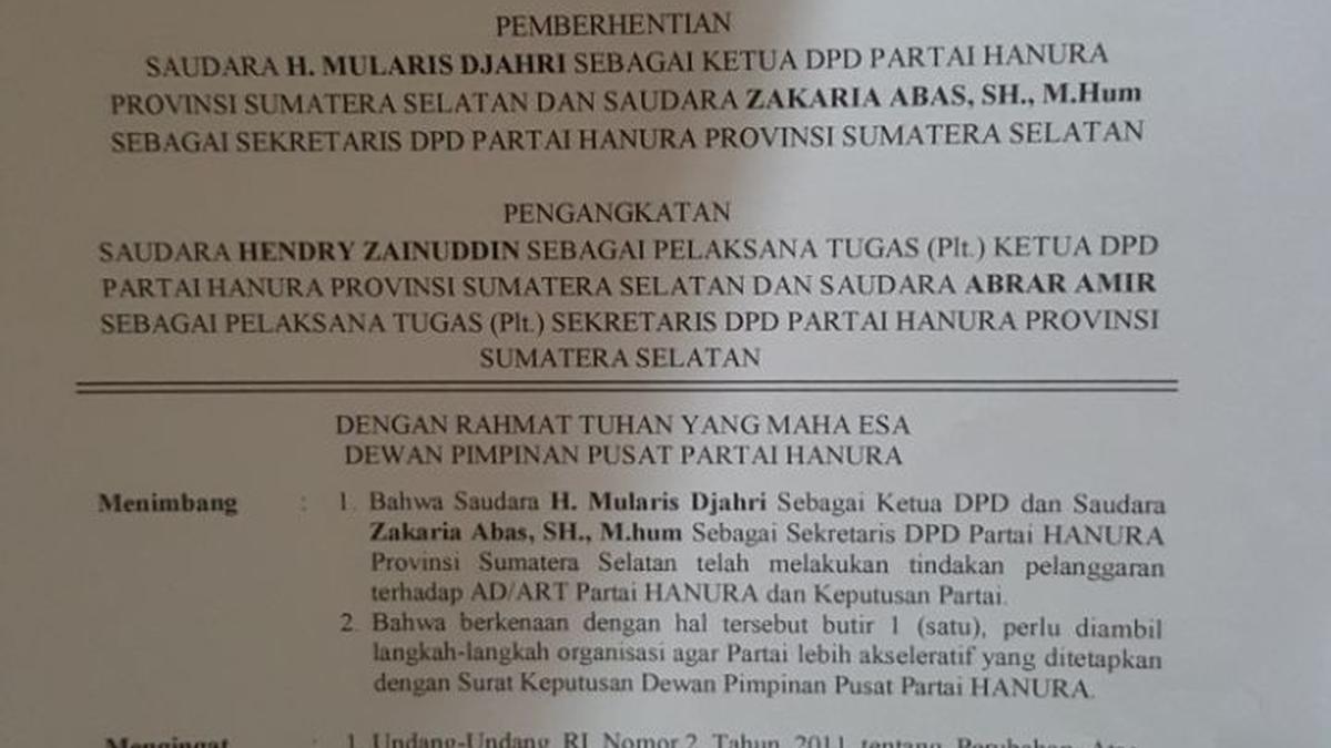 Tak Hanya di DPP, Kader Hanura Juga Saling Pecat di Sumsel