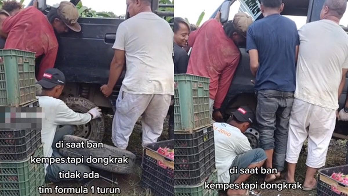 Tanpa Alat Dongkrak, Sejumlah Pria Gotong Royong Angkat Mobil Pikap ...