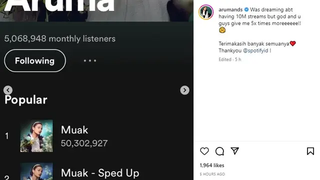 Aruma Tak Pernah Membayangkan Lagu Muak Tembus 50 Juta Stream di Spotify - ShowBiz Liputan6.com
