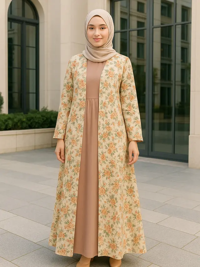 7 Model Gamis dengan Outer Motif Bunga - Hot Liputan6.com