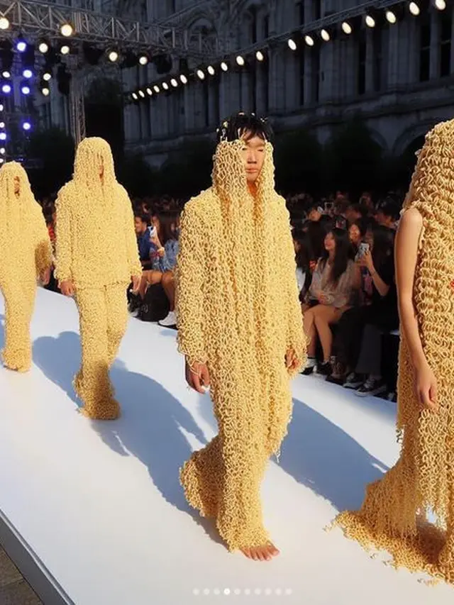 6 Editan Foto AI Jika Model Fashion Show Pakai Busana dari Mi instan ...