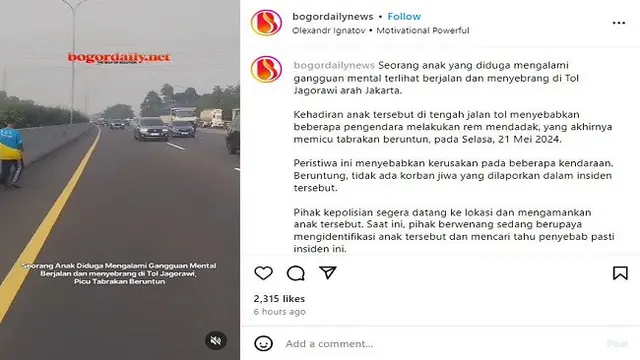 Tiga Mobil Tabrakan Beruntun di Tol Jagorawi Gara-gara Bocah Menyeberang Jalan - News Liputan6.com